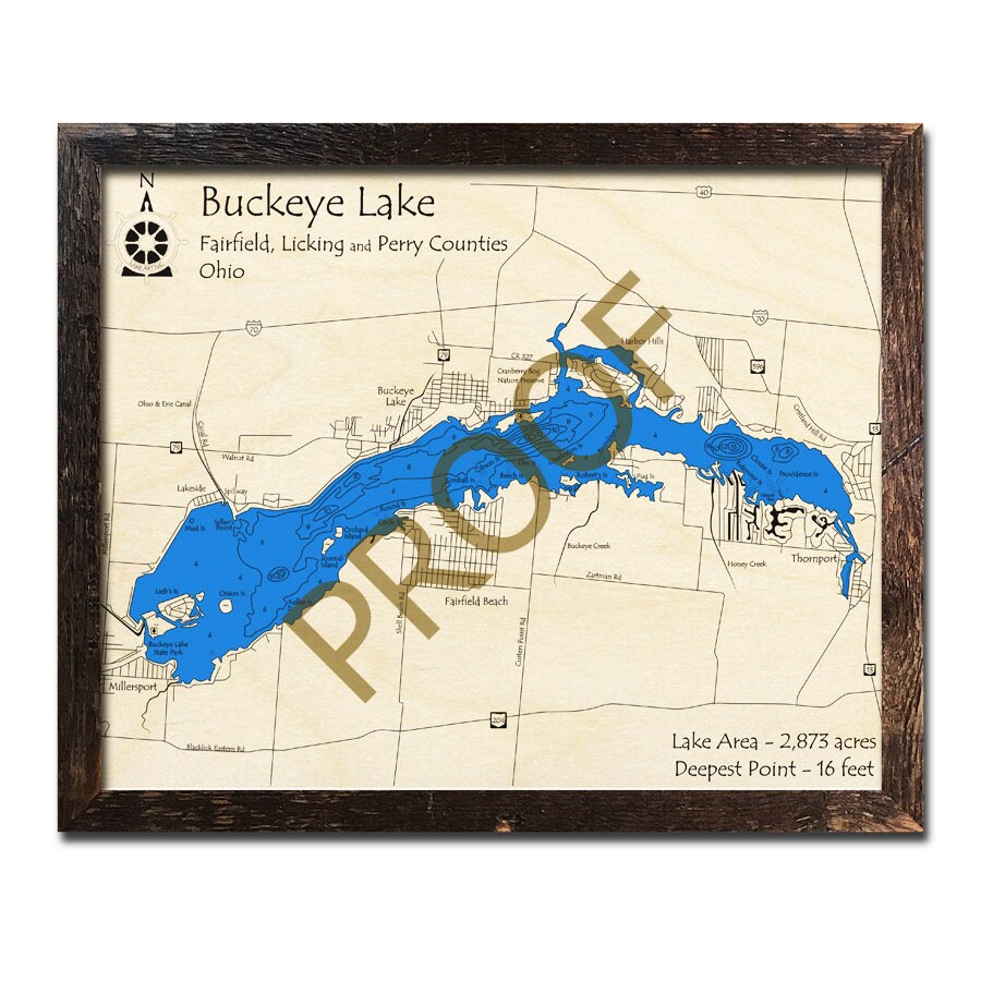 Buckeye Lake, Ohio 3D Laser-cut Wood Map | Lake House -cabin Decor ...