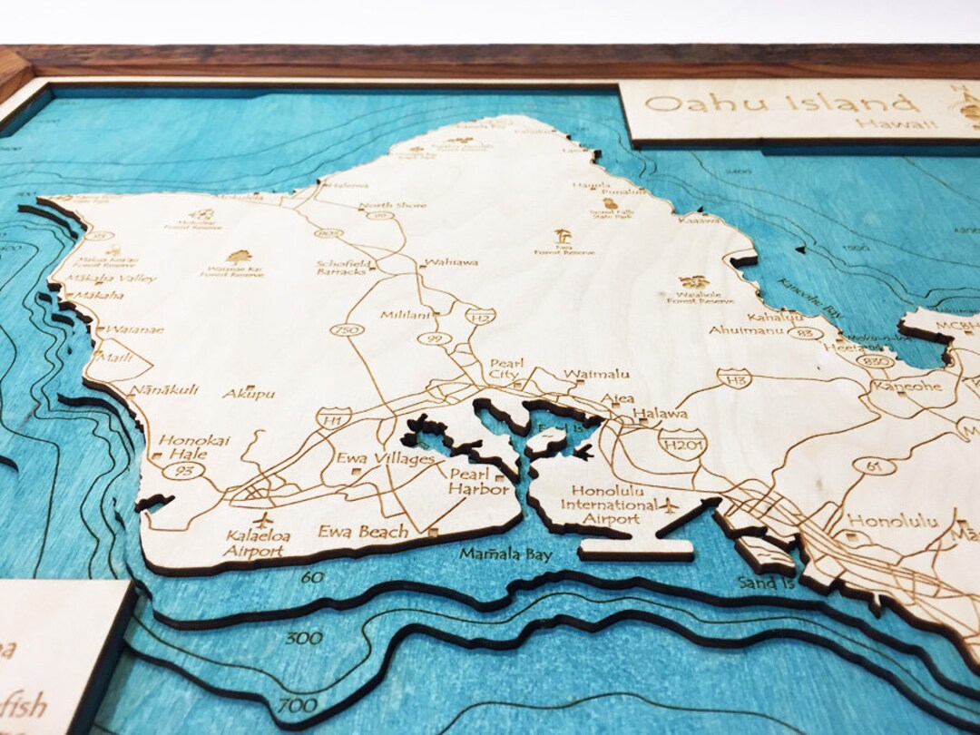 Oahu Hawaii 3D Nautical Wood Map Laser-etched Carved Wooden Map of Oahu ...