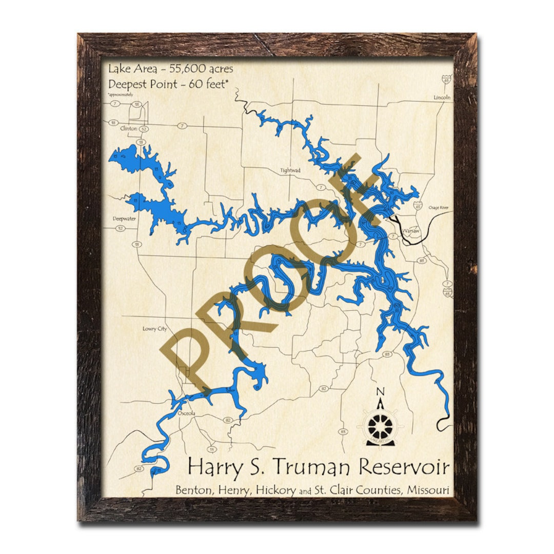 Wooden Harry S. Truman Reservoir Map | Nautical Lake Art | Cabin Decor ...