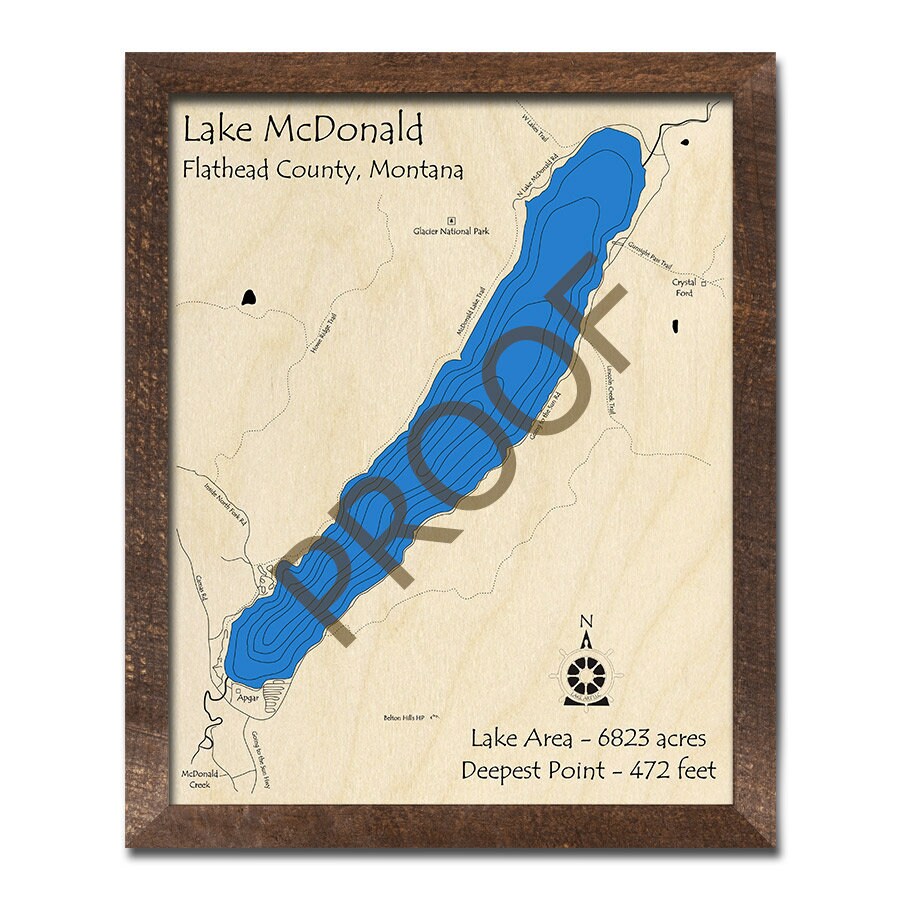 Lake Mcdonald, MT 3D Wood Map | 3D Depth Chart, Cabin Decor, Lake House ...