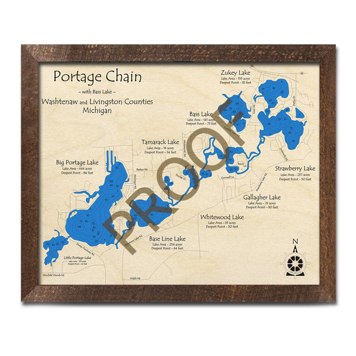 Portage Chain, MI 3D Wood Carved Map | Custom Nautical Map, Cabin Decor ...