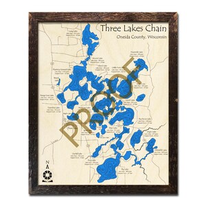 Three Lakes Chain, Wisconsin 3D Wood Map | Lake House Décor - Cabin ...