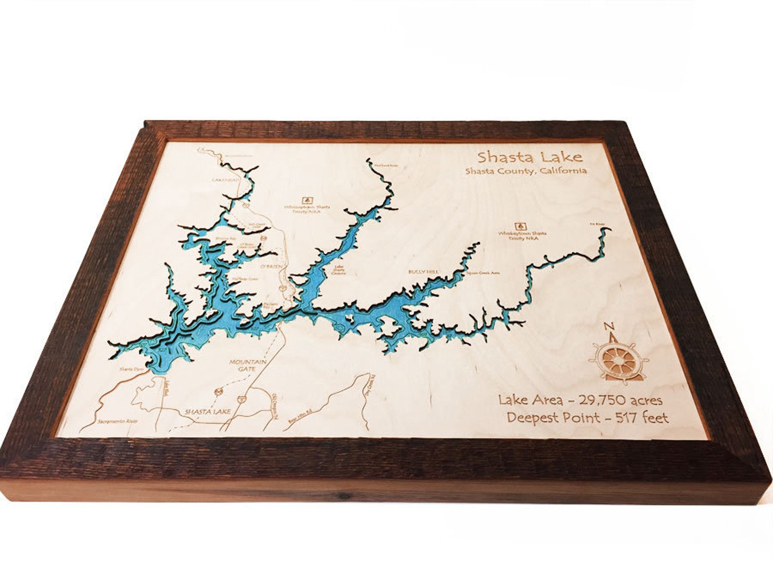 Shasta Lake CA 3D Nautical Wood Map Laser-etched Carved Wooden Map of ...