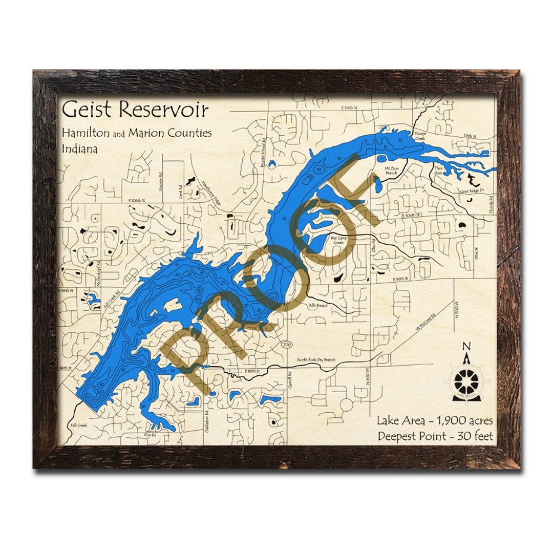 Wooden Geist Reservoir 3D Map | Custom Lake Map Cabin Decor - Lake ...