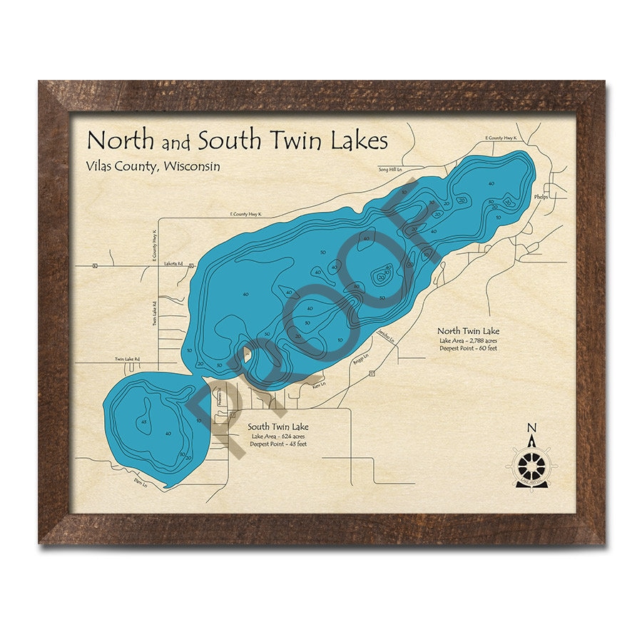 North Twin Lake, South Twin Lake, WI 3D Wood Carved Map | Custom ...
