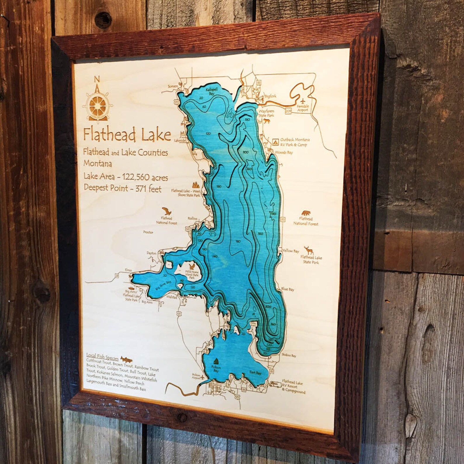 Flathead Lake Map - 3D Nautical Wood Map Flathead Lake MT Laser-etched ...
