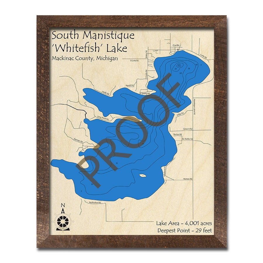 South Manistique-Whitefish Lake MI 3D Wood Map Custom | Etsy