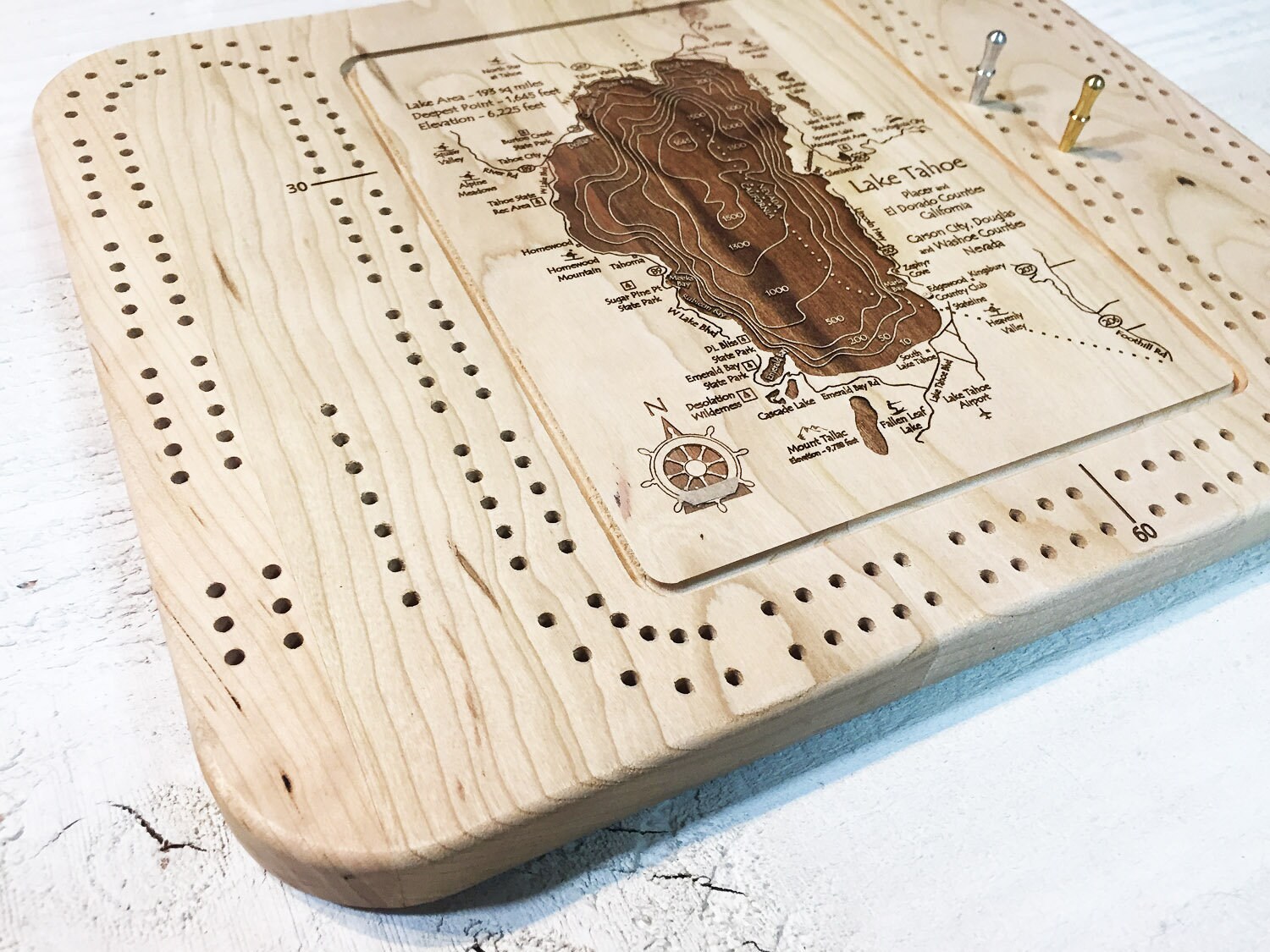 Lake Tahoe Map | Wooden Cribbage Game Board | Custom Cribbage Board ...