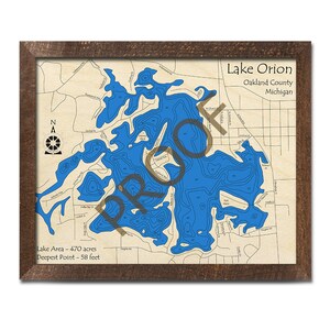 Lake Orion, MI 3D Wood Map | Custom Nautical Map, Cabin Decor, Lake ...