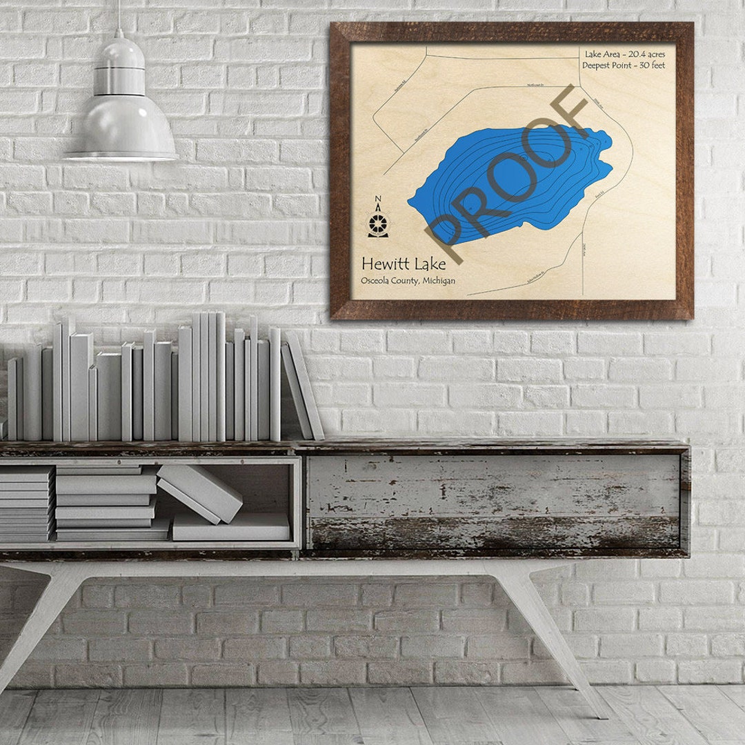 Hewitt Lake, MI 3D Wood Map | Custom Nautical Map, Cabin Decor, Lake ...