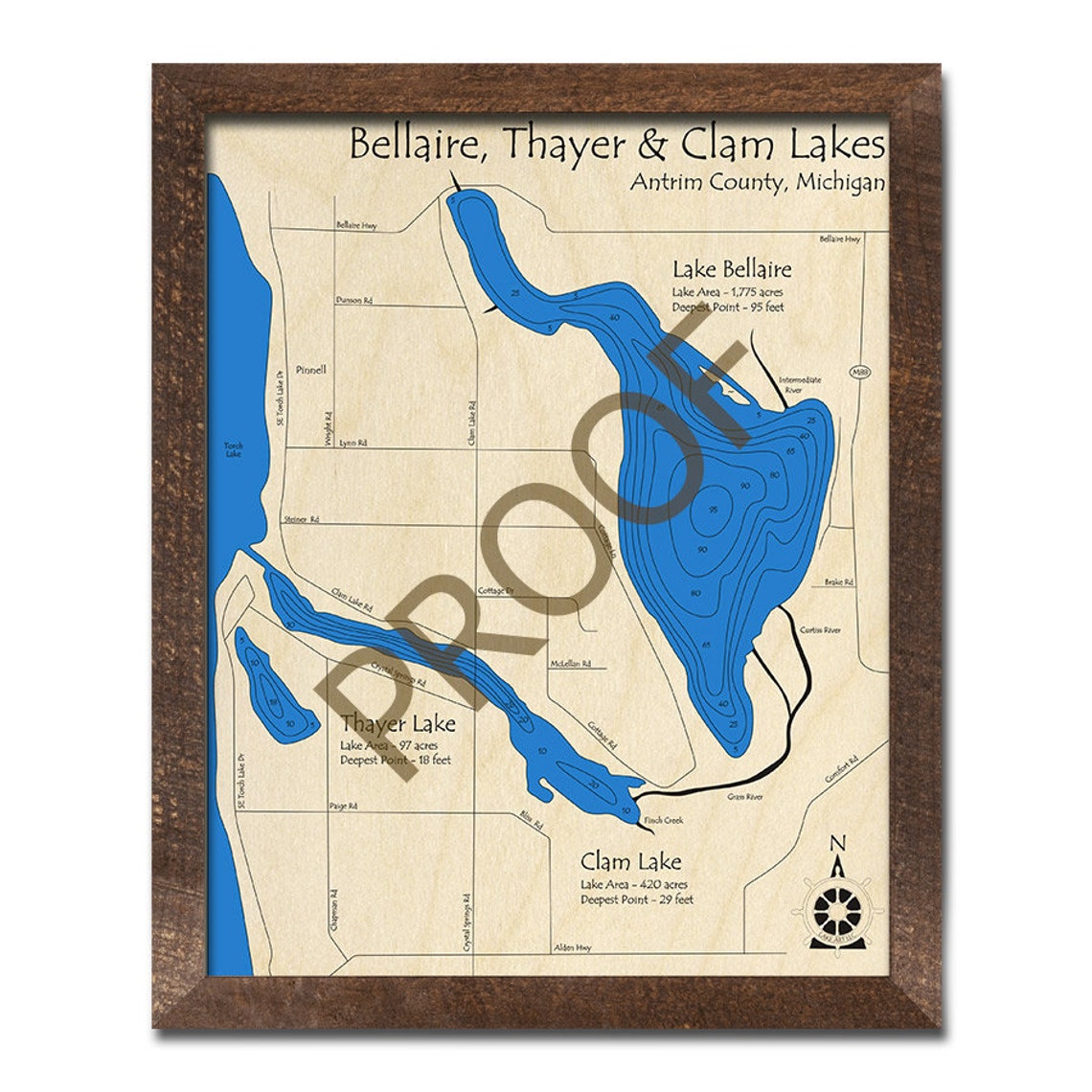 Lake Bellaire Thayer Lake Clam Lake MI 3D Wood Map | Etsy