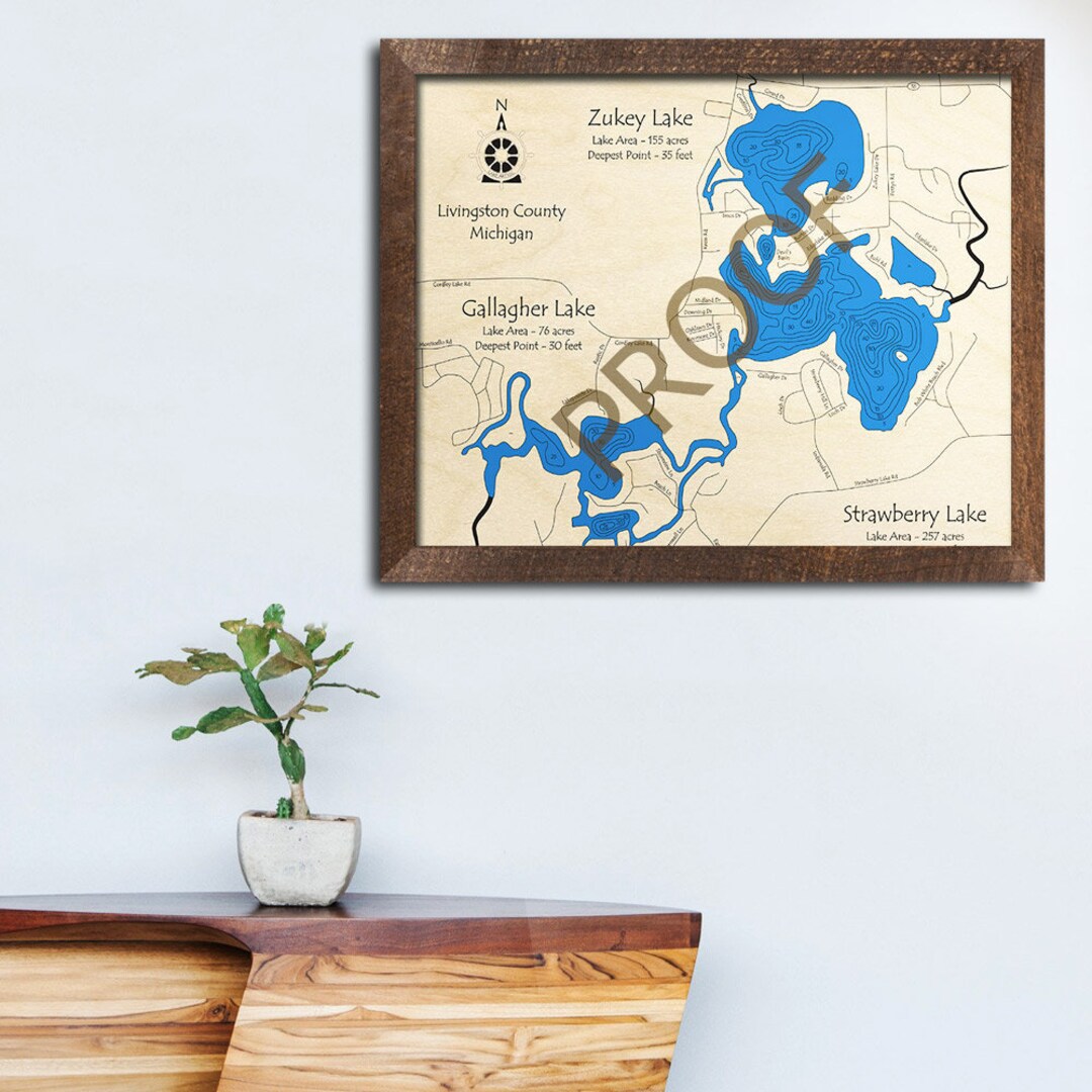 Zukey Lake, Strawberry Lake, Gallagher Lake, MI 3D Wood Carved Map ...