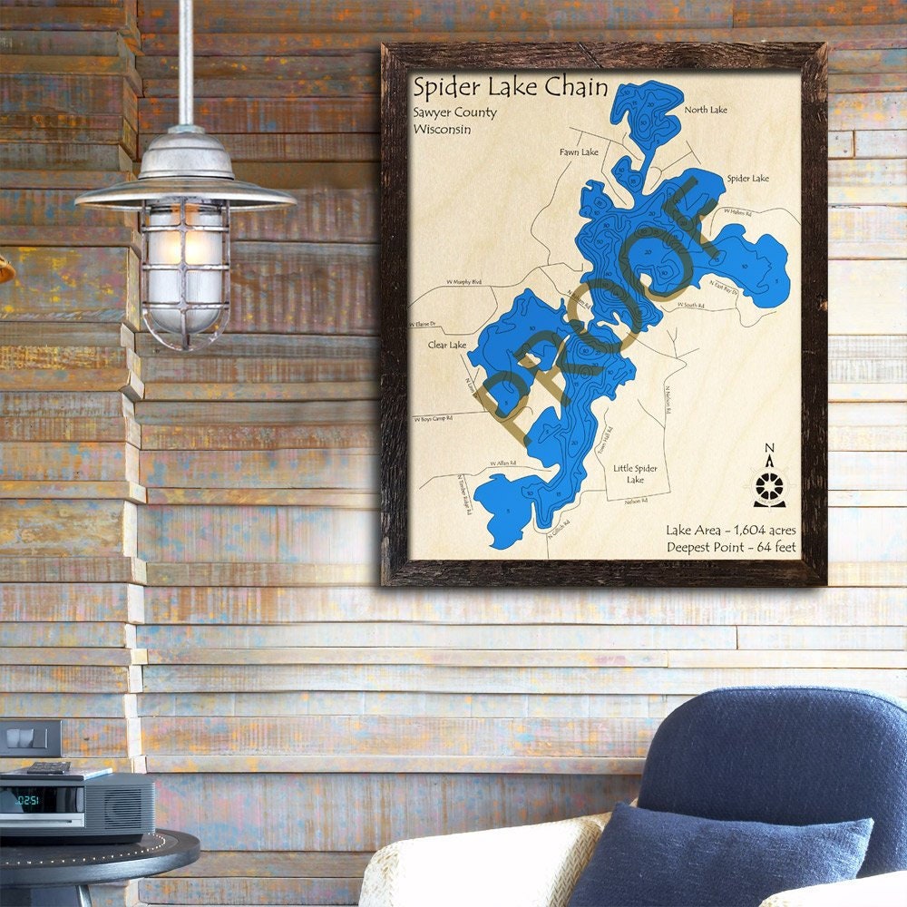 Spider Lake Chain Wisconsin 3D Wood Map Cabin Decor Lake | Etsy