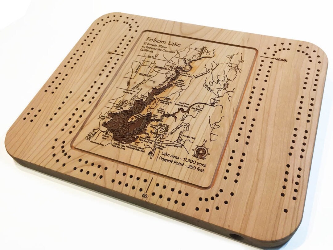 Folsom Lake Map | Wooden Cribbage Game Board | Custom, Personalized ...
