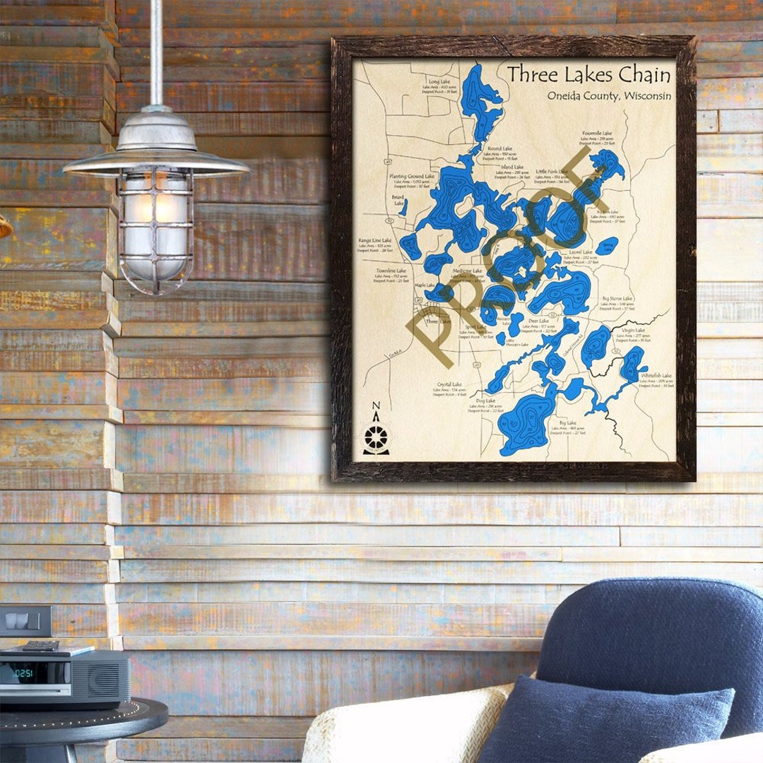 Three Lakes Chain, Wisconsin 3D Wood Map | Lake House Décor - Cabin ...