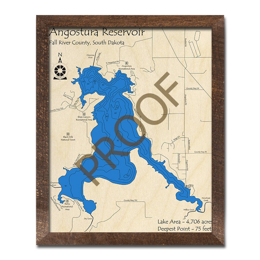 Angostura Reservoir, SD 3D Wood Map | 3D Depth Map, Cabin Decor, Lake ...