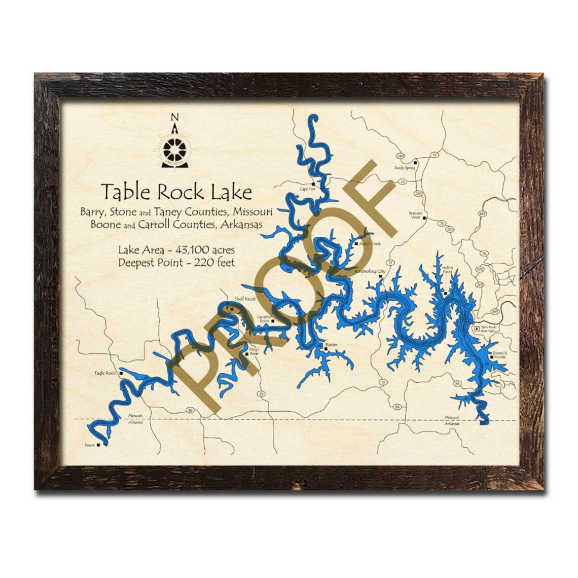 Wooden Table Rock Lake Map | 3D Nautical Map | Nautical Decor | Map Art ...