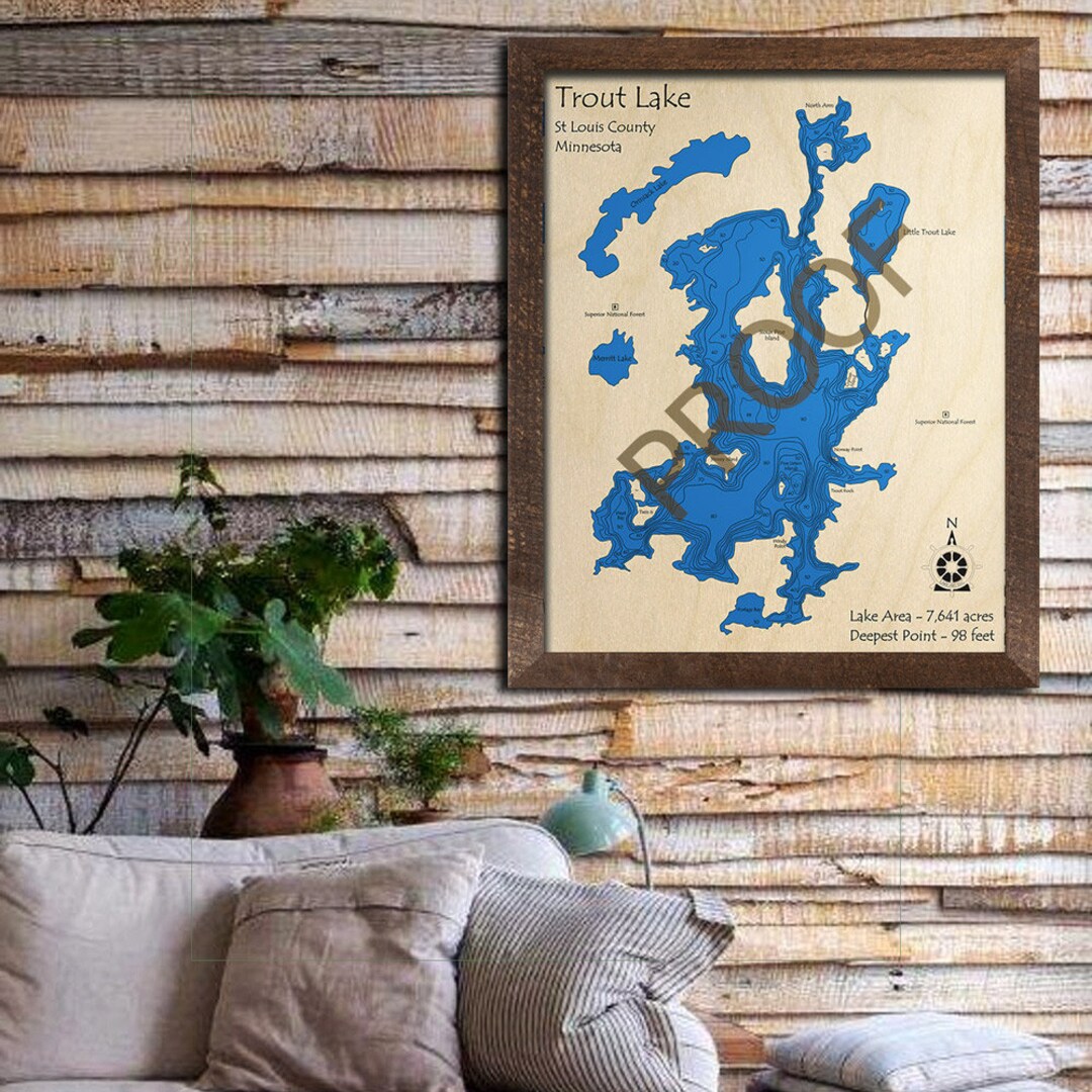Trout Lake, MN 3D Wood Map | Custom Nautical Map, Cabin Decor, Lake ...