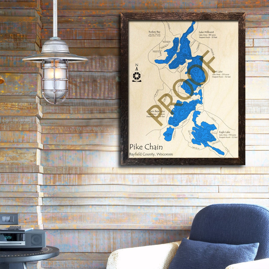 Pike Chain of Lakes, Wisconsin 3D Wood Map | Cabin Decor - Lake House ...