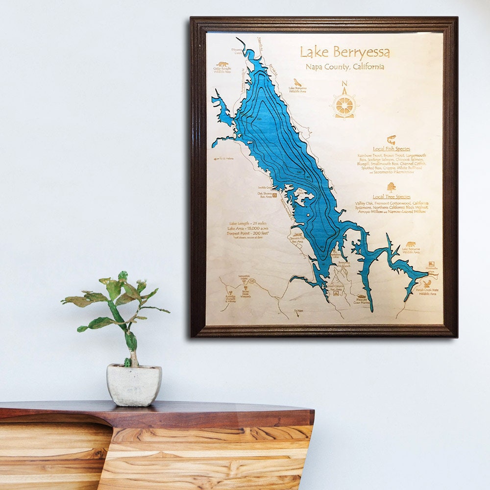 Lake Berryessa California 3D Laser-cut Wood Map Depth Map of | Etsy