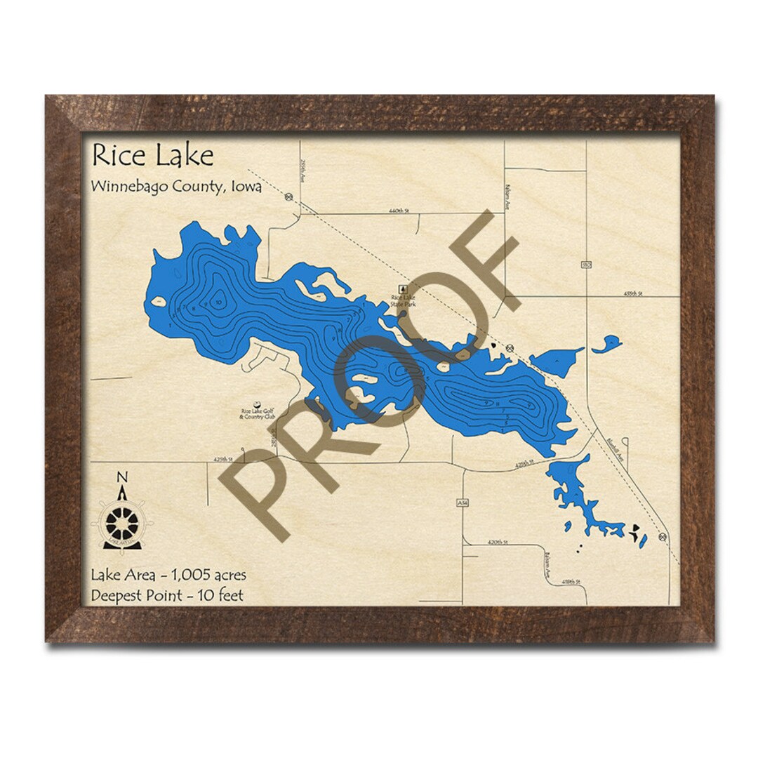 Wooden Rice Lake Map, Iowa, 3D Wood Chart Custom Nautical Map, Cabin ...