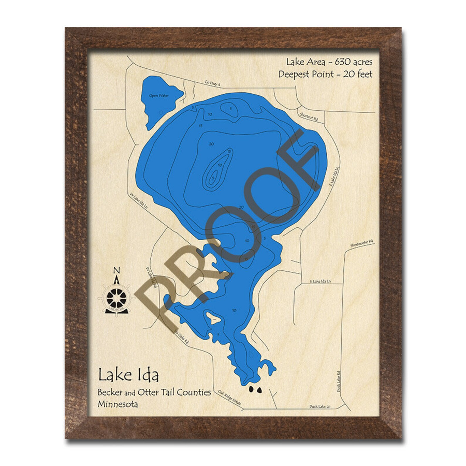 Lake Ida (becker/otter Tail), MN 3D Wood Map | Custom Nautical Map ...