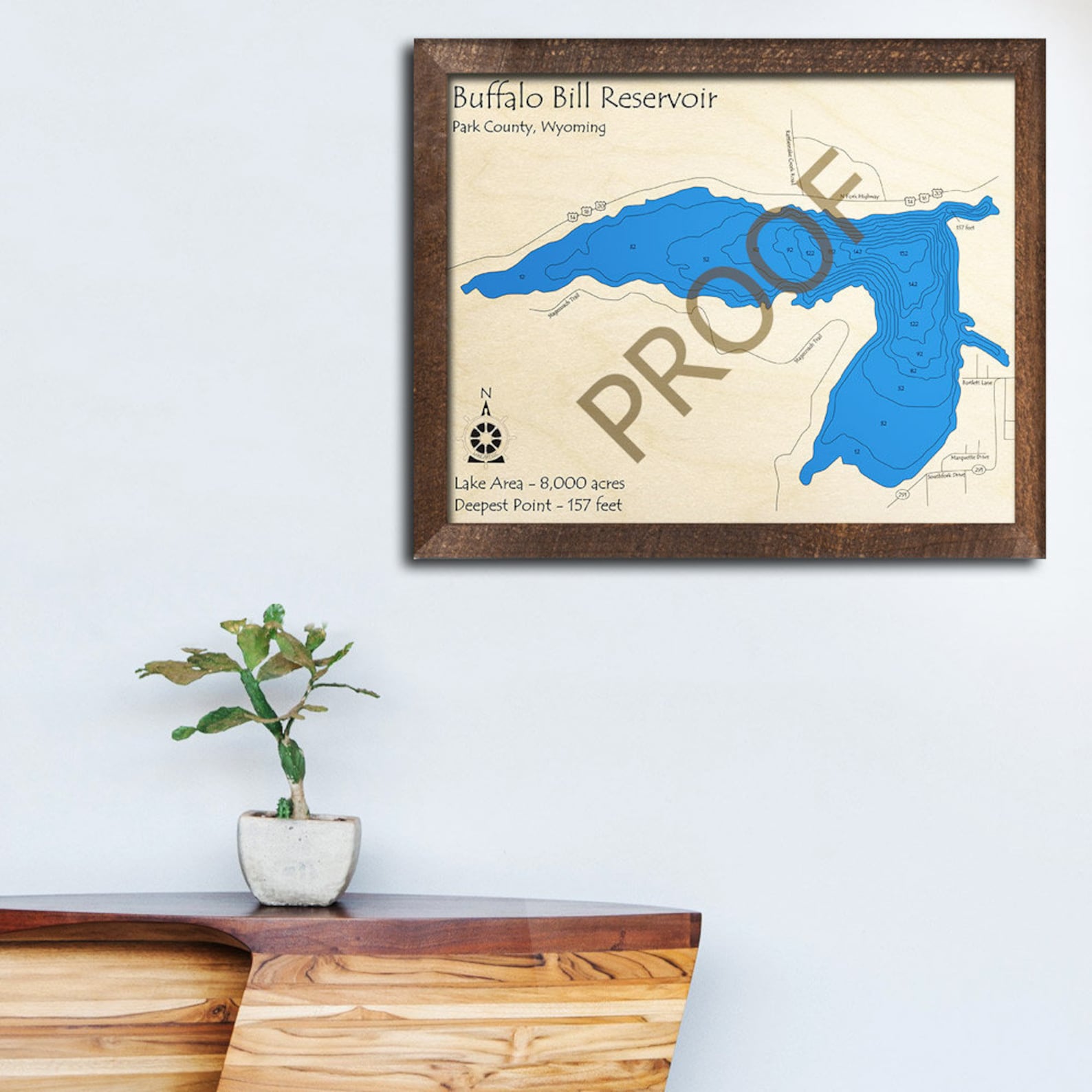 Wooden Buffalo Bill Reservoir Map, Wyoming3d Wood Map | 3D Depth Chart ...