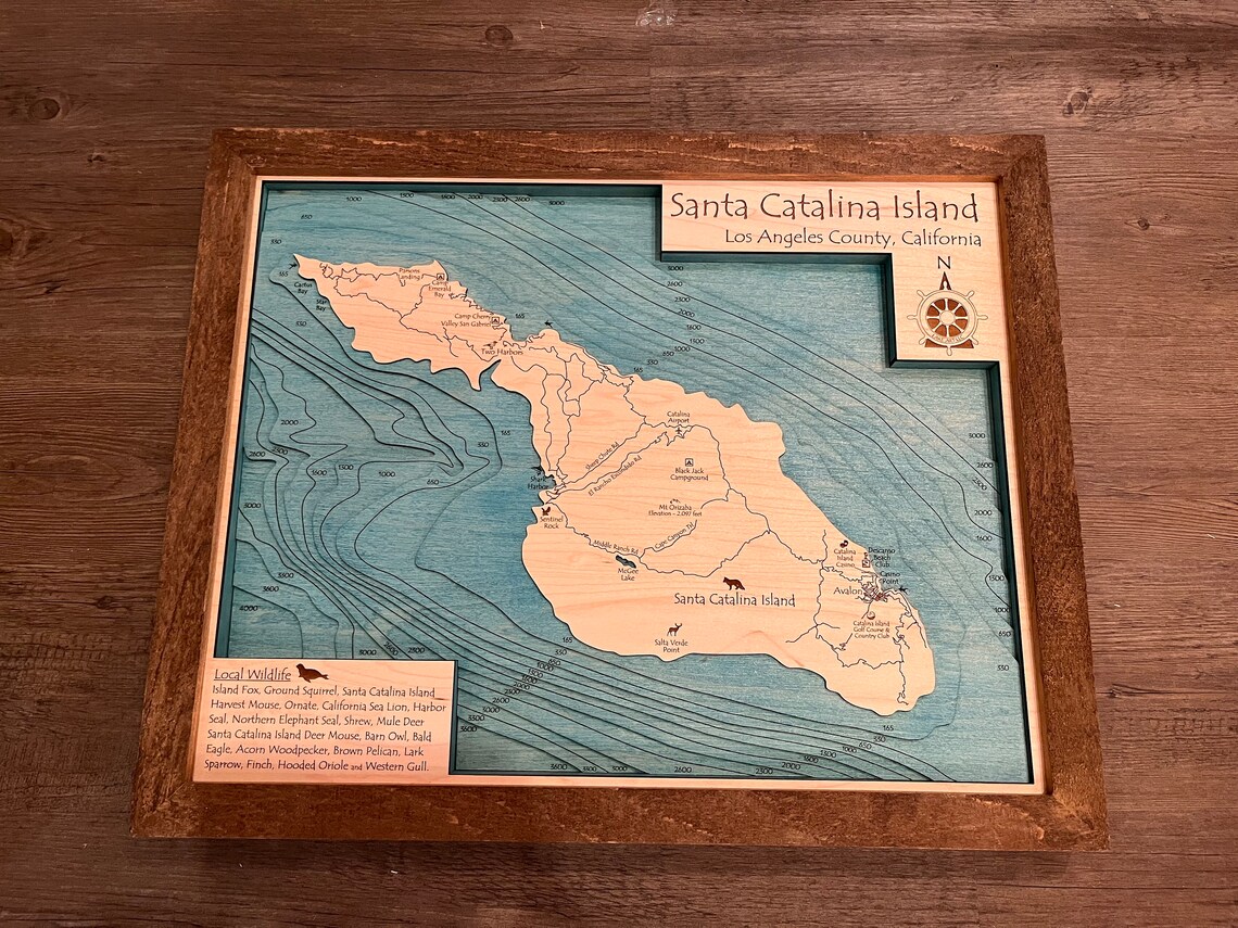 3D Catalina Map Nautical Wood Chart Laser-etched Carved 3D Wood Map ...