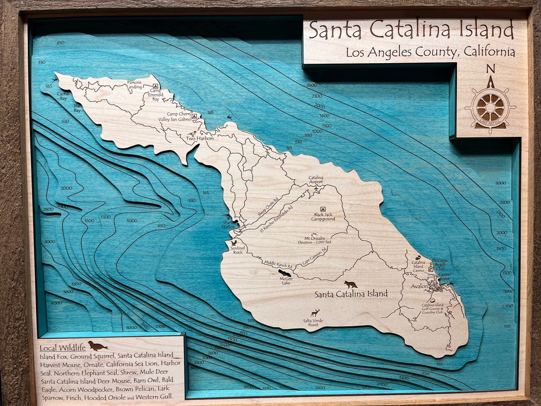 3D Catalina Map Nautical Wood Chart Laser-etched Carved 3D Wood Map ...