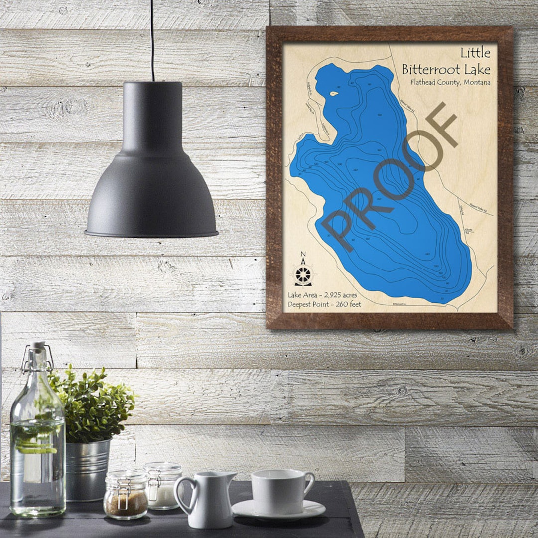Little Bitterroot Lake, MT 3D Wood Map 3D Depth Chart, Cabin Decor ...