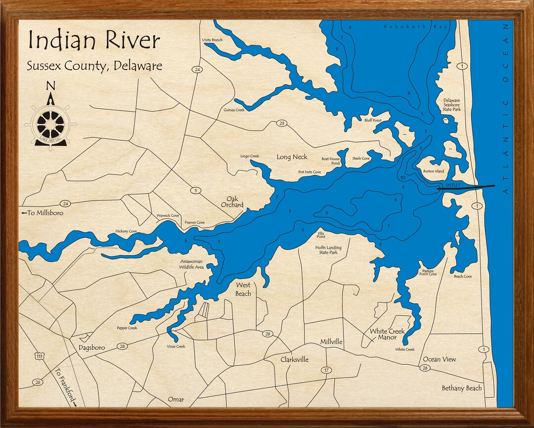 Indian River Inlet Map 3D Laser-cut Wood Map Delaware Beach House Décor ...