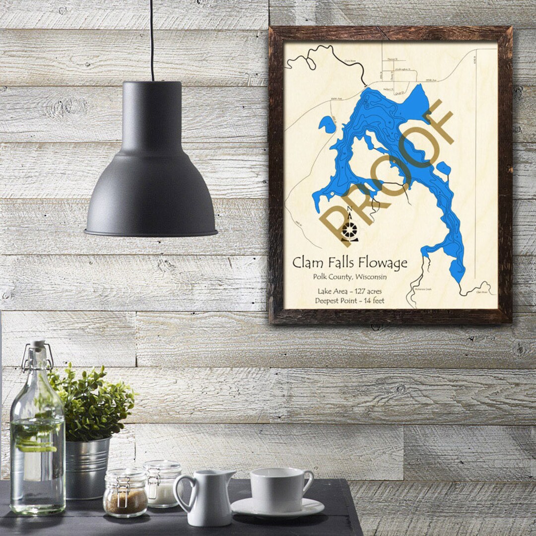 Clam Falls Flowage, WI 3D Wood Map | Custom Cabin Decor - Lake House ...