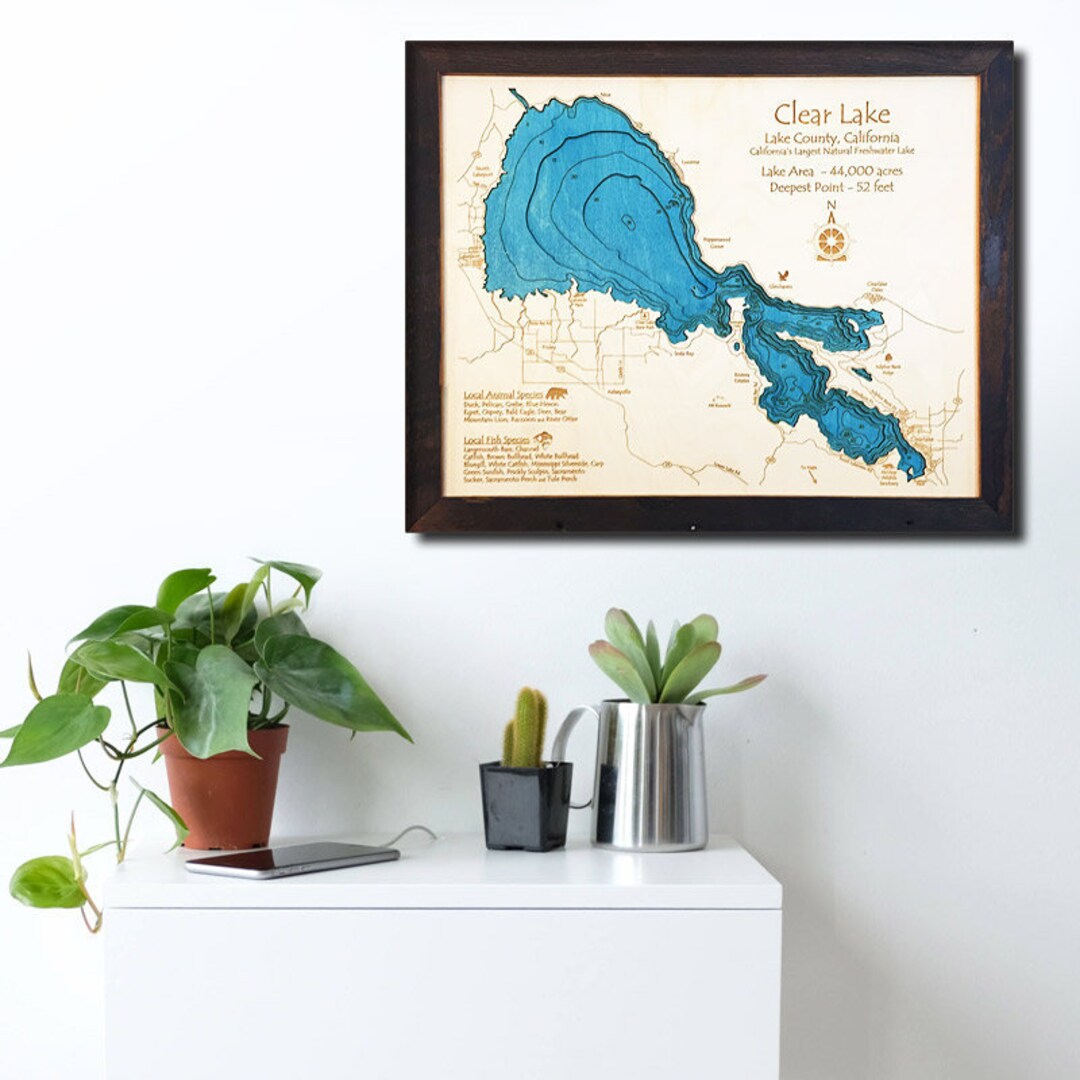 Clear Lake California 3D Nautical Wood Map Laser-etched Carved Wooden ...