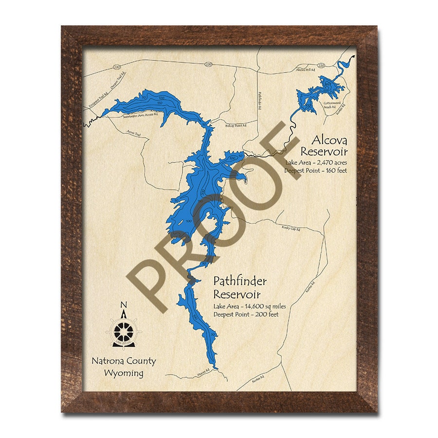 Pathfinder Reservoir & Alcova Reservoir, WY 3D Wood Map | 3D Depth ...
