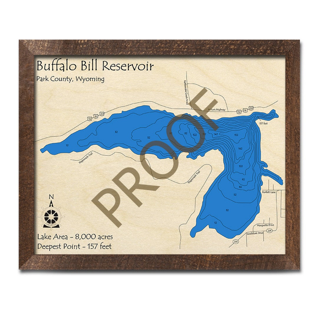 Wooden Buffalo Bill Reservoir Map, Wyoming3d Wood Map | 3D Depth Chart ...