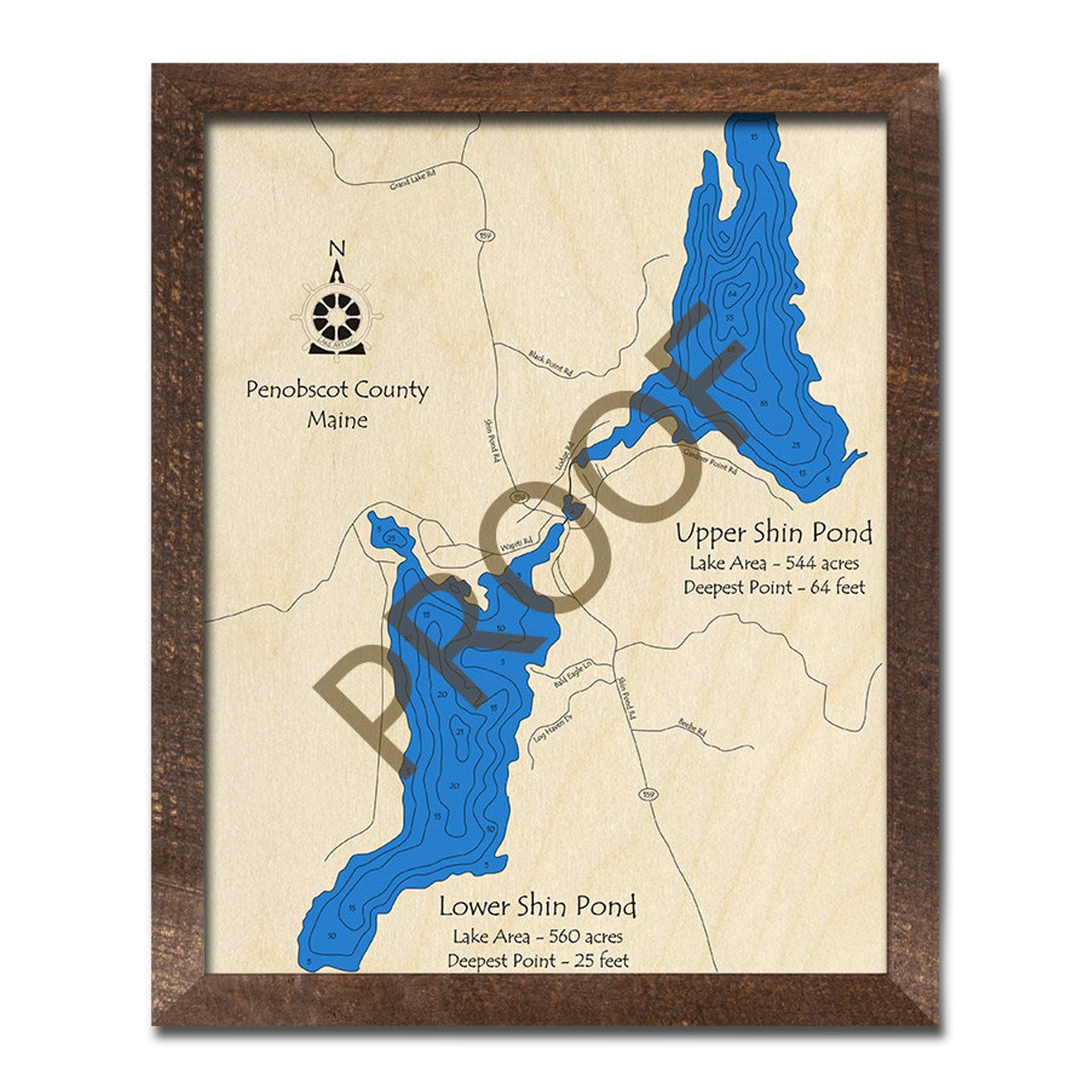 Upper and Lower Shin Pond Maine 3D Wood Map Custom Nautical - Etsy