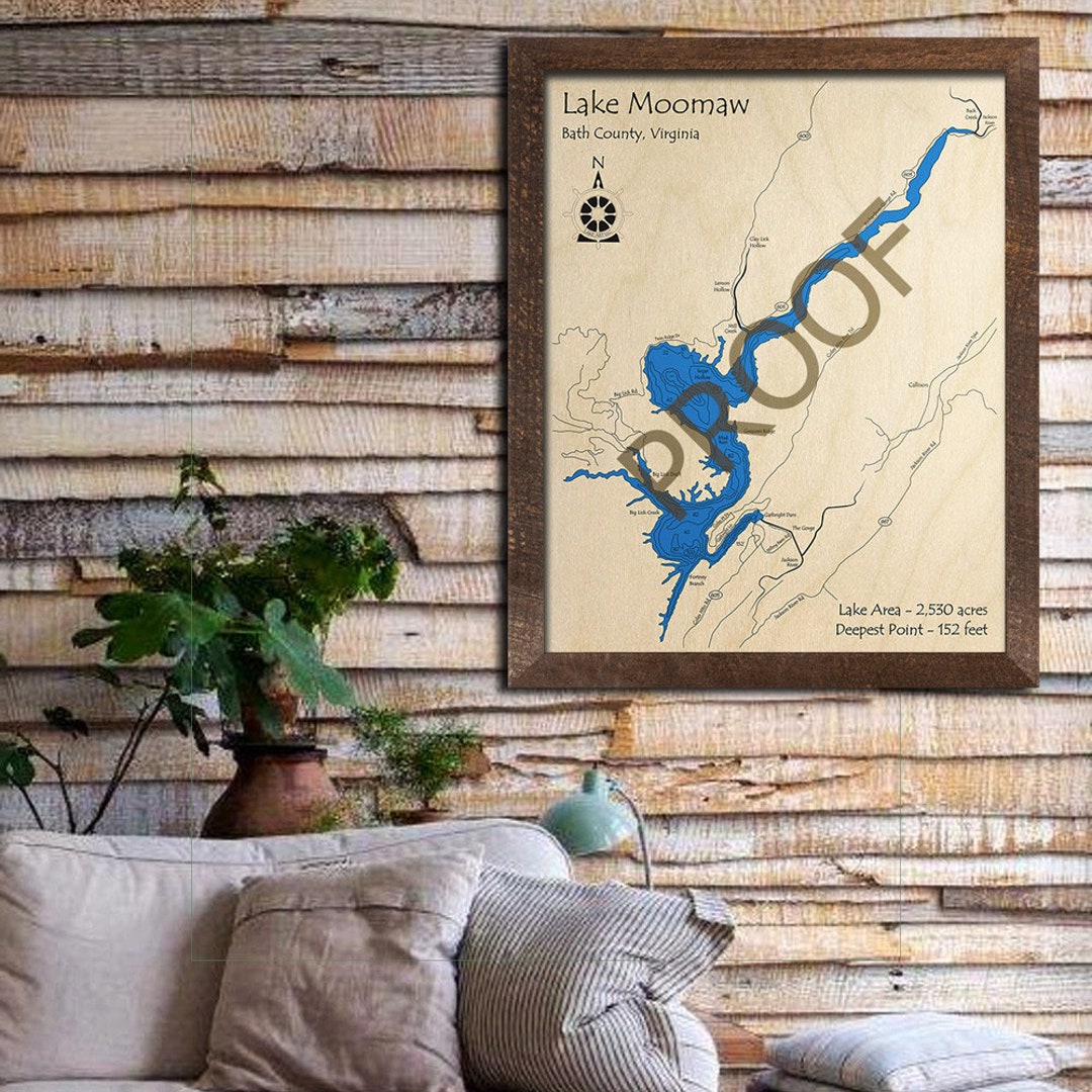 Lake Moomaw, VA 3D Wood Map Custom Nautical Chart, Cabin Decor, Beach ...