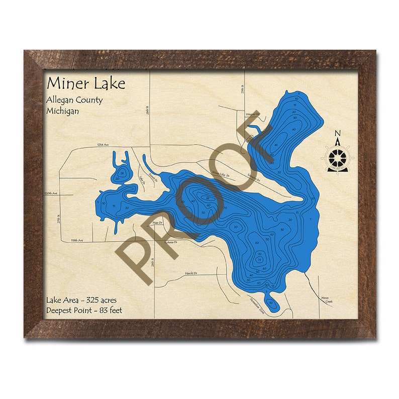 Miner Lake, MI 3D Wood Map | Custom Nautical Map, Cabin Decor, Lake ...