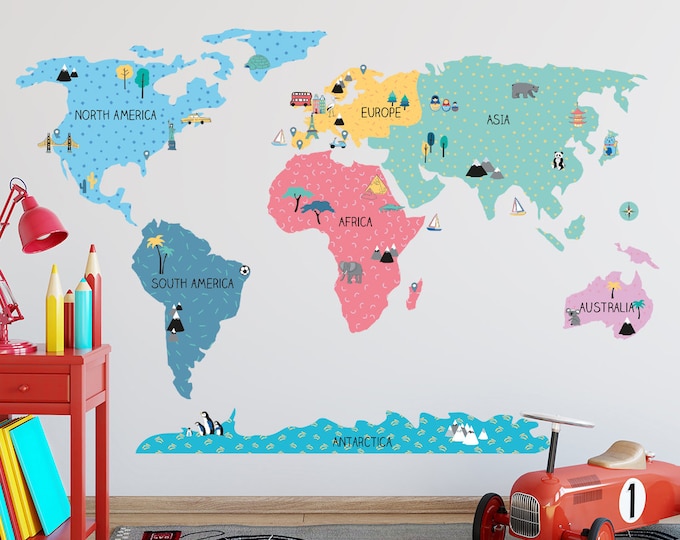 World Map Solid Colour Fabric Wall Decal / Wall Stickers / Kids Bedroom ...