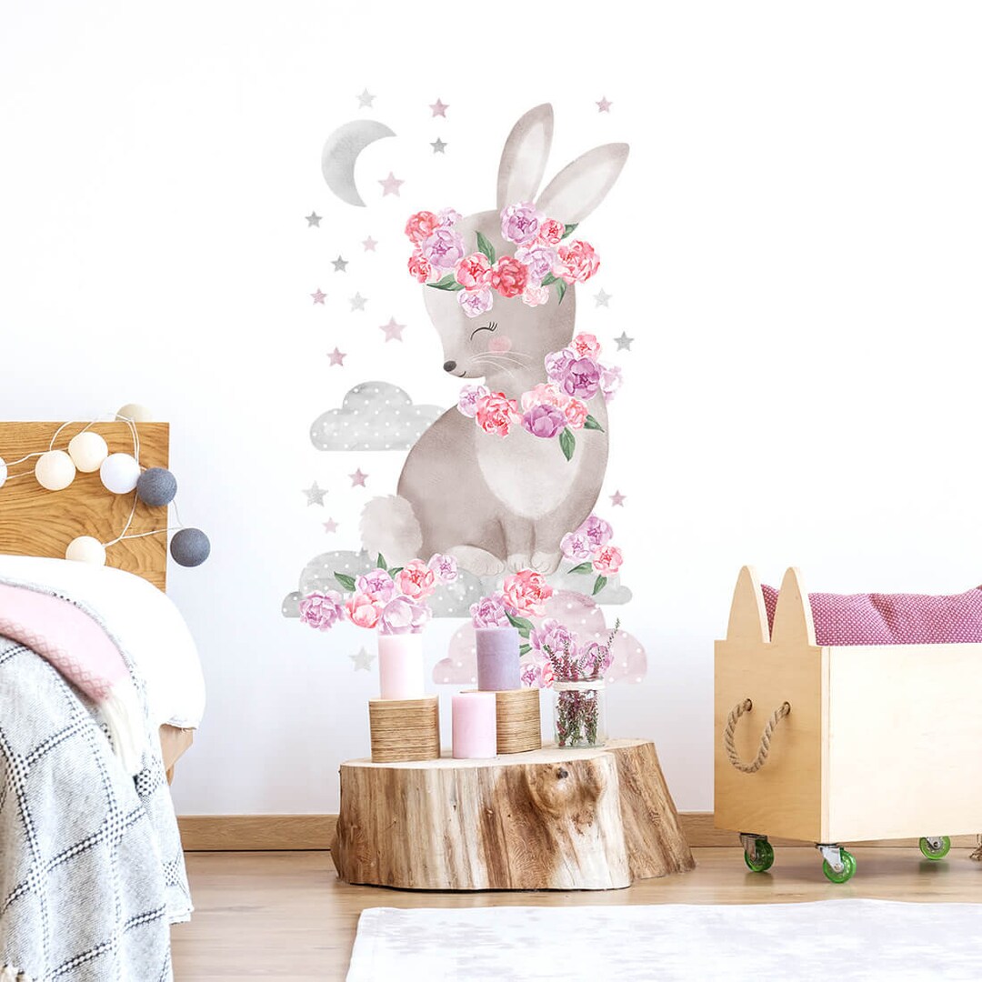 Wall Decor RABBIT Pink, Kids Room Wall Art, Animal Wallpaper, Girl Room ...