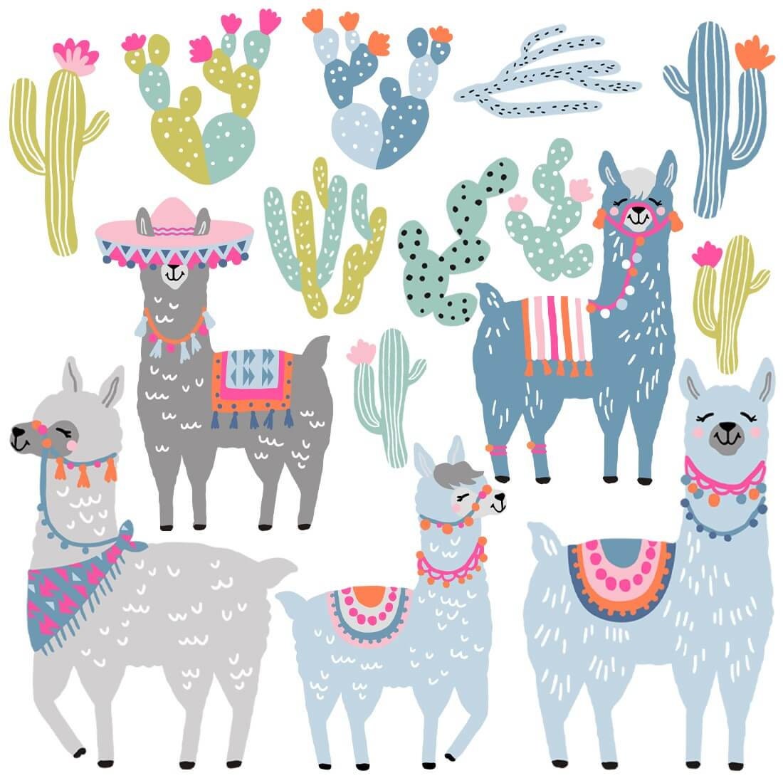 LLAMAS SET Wall Decal / Animal Decor / Cactus Wall Decal / Llamas Wall ...