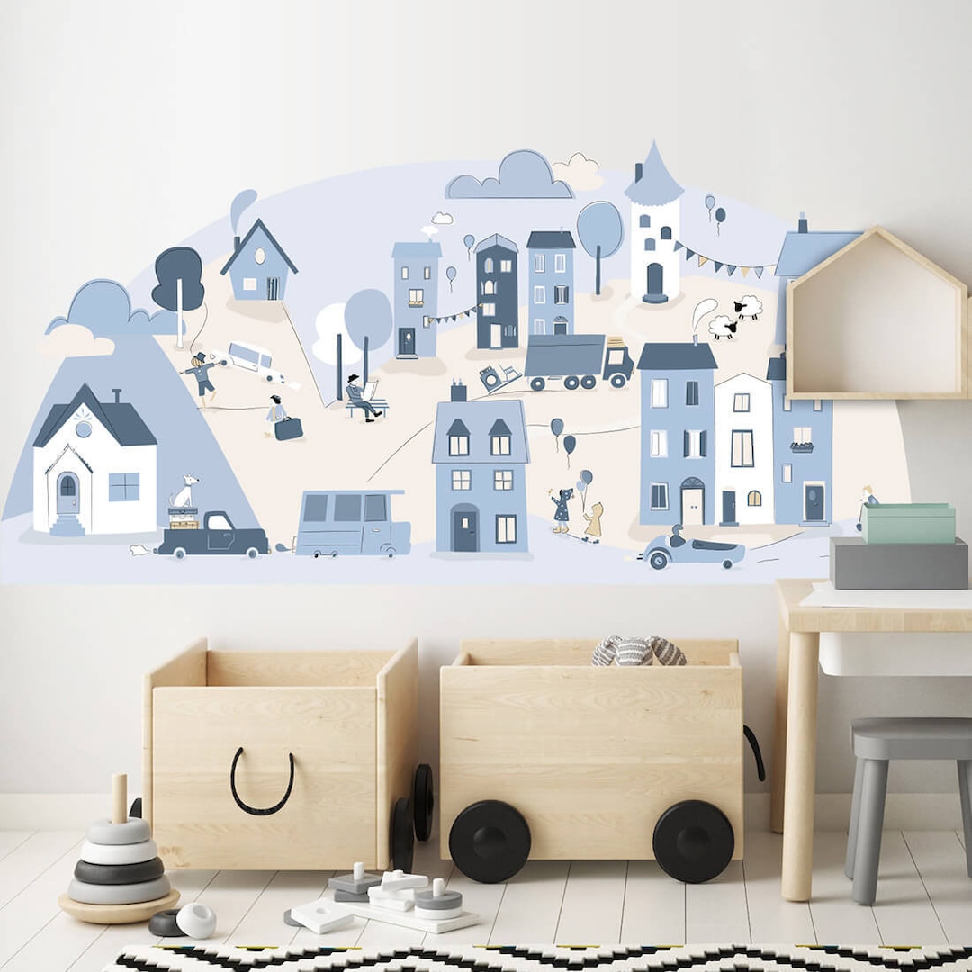 Big Wall Decor Town City Light Blue, Kids Room Wall Art, Modern ...