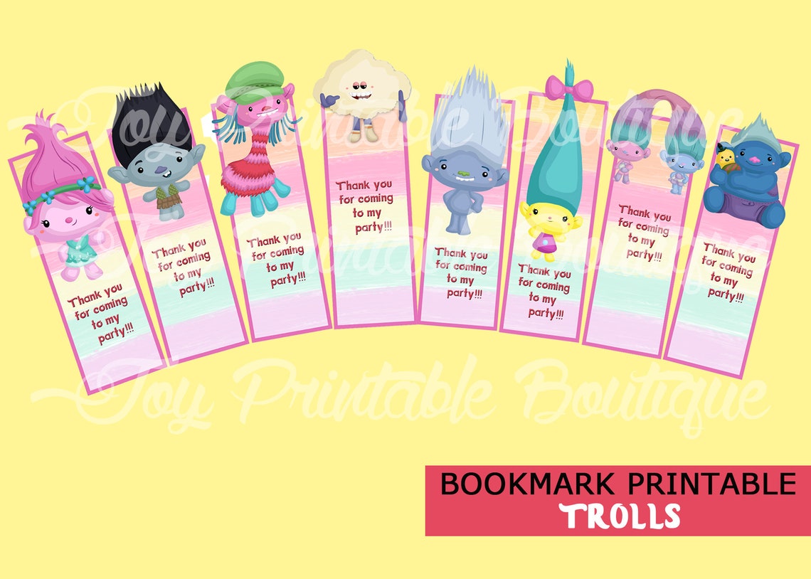 Printable Bookmark (thank You for Coming) for Party "trolls" (instant ...