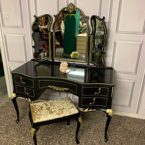 Gothic Style Dressing Table Black & Gold High Gloss Black Piano Finish ...