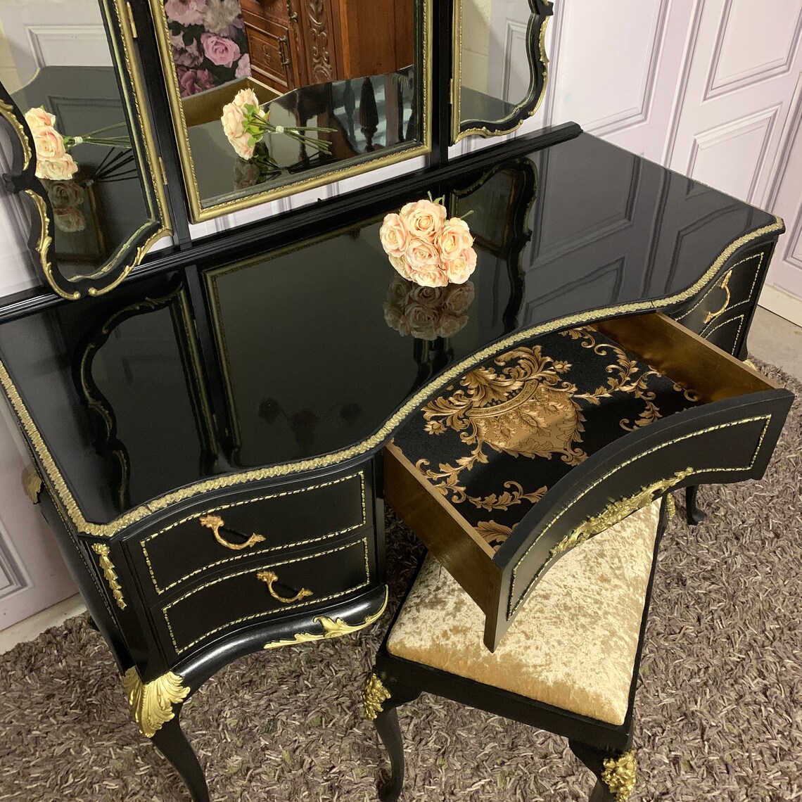 Gothic Style Dressing Table Black & Gold High Gloss Black - Etsy UK