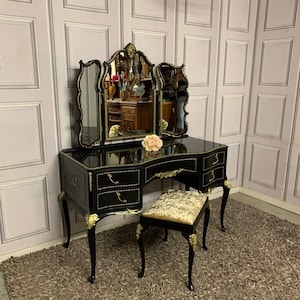 Gothic Style Dressing Table Black & Gold High Gloss Black Piano Finish ...