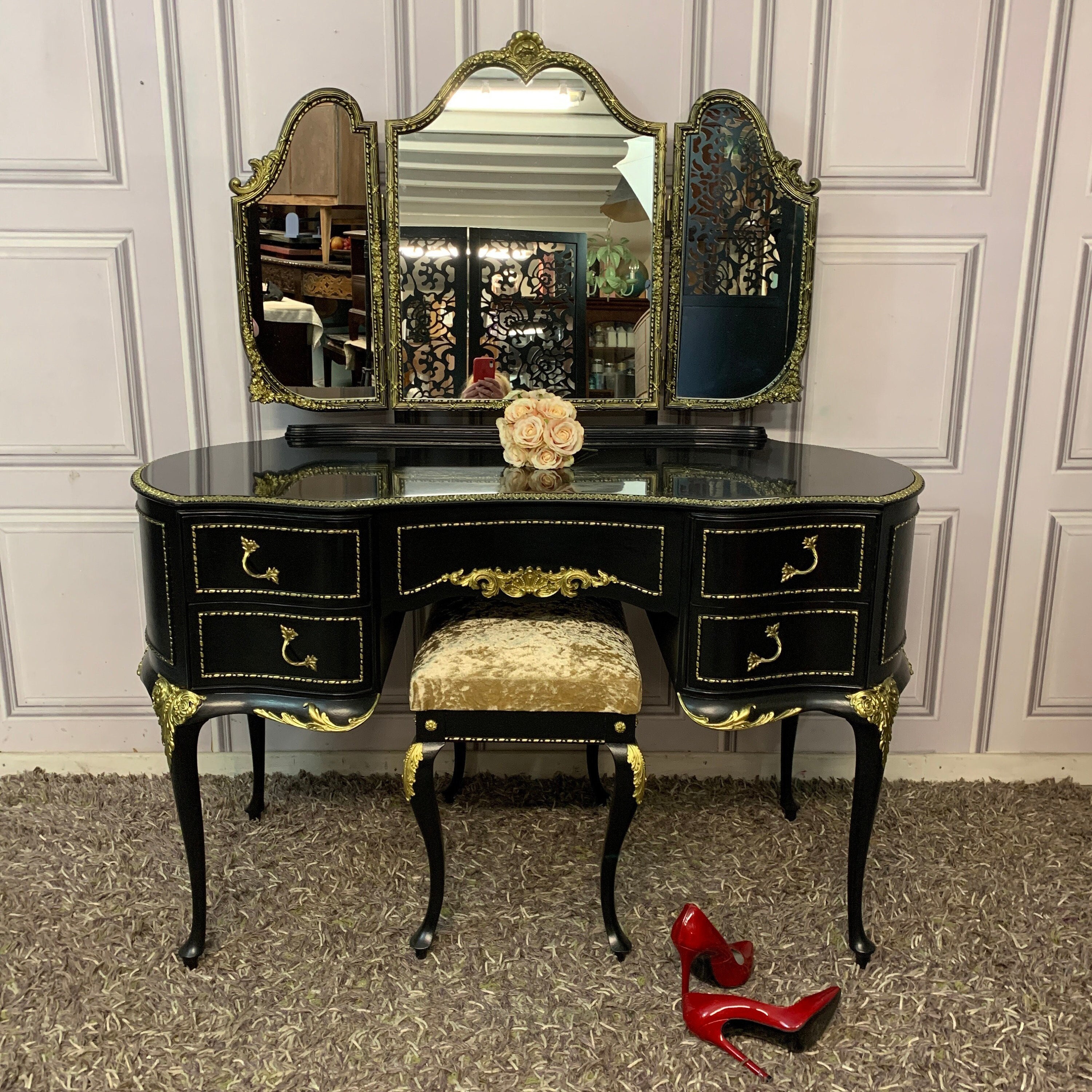 Gothic Style Dressing Table Black Gloss French Style Olympus Dressing Table Black Gold Gloss Furniture Etsy