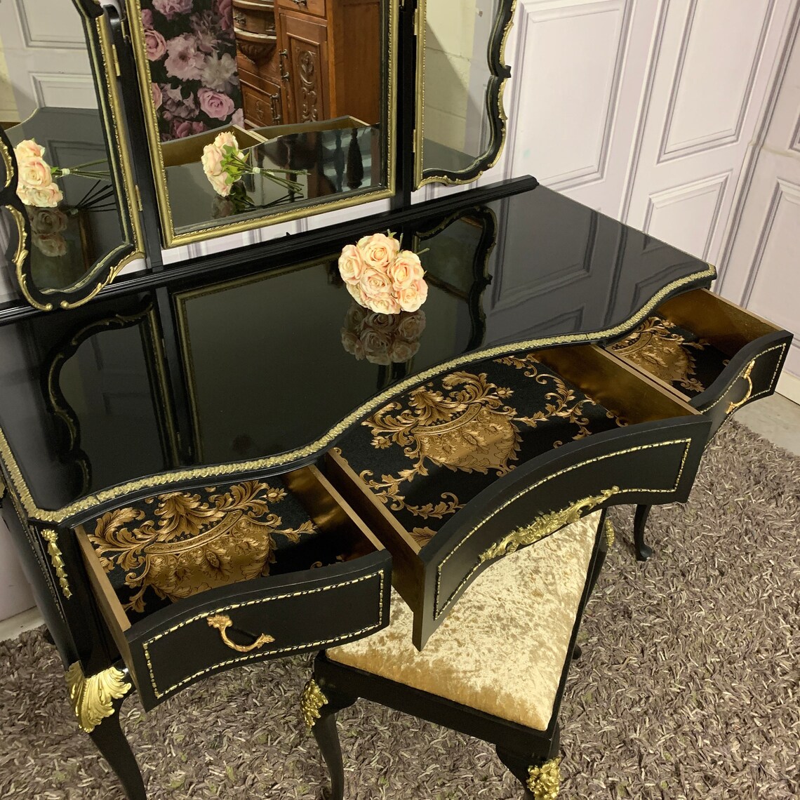 Gothic Style Dressing Table Black & Gold High Gloss Black - Etsy UK