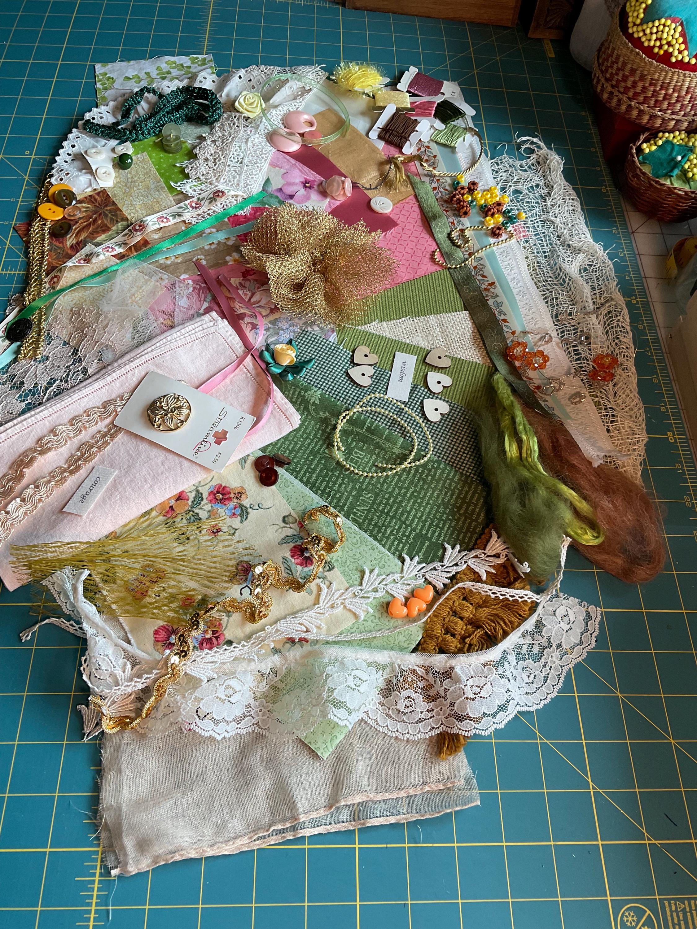 Textile Craft Bundle: Vintage Fabrics, Lace, Ribbons, Buttons - Green ...
