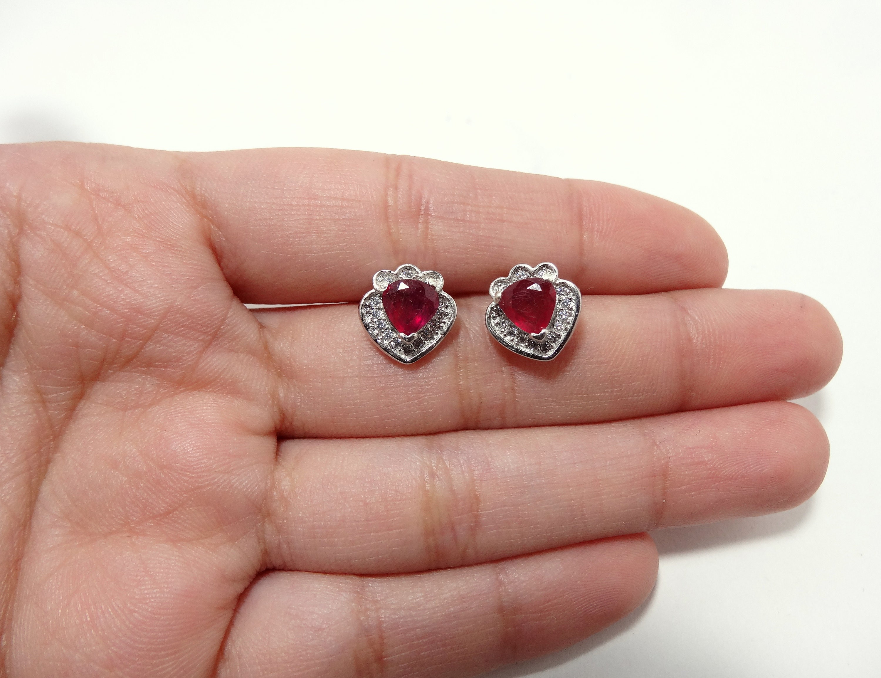 Natural Ruby Heart Stud Earrings Ruby Silver Studs July | Etsy